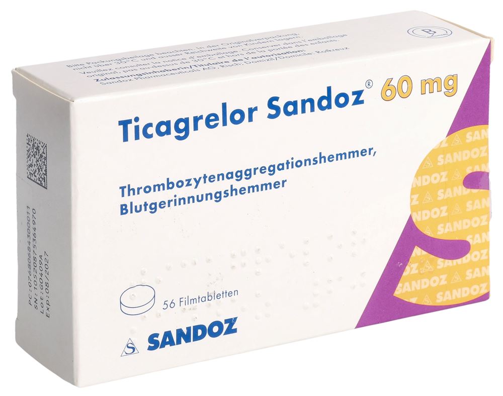 TICAGRELOR Sandoz Filmtabl 60 mg Blist 56 Stk | Online bestellen